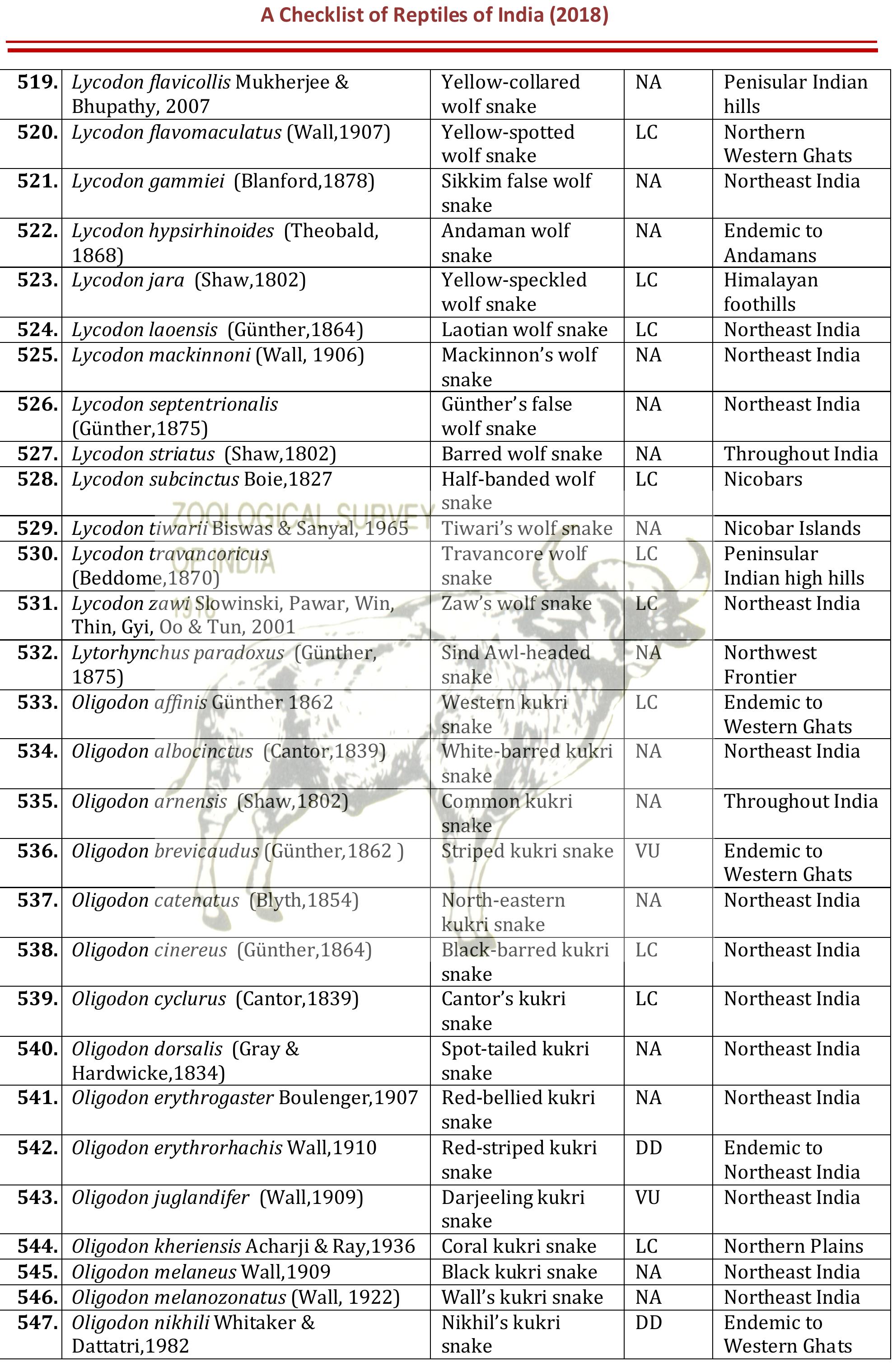 Table 24 - A CHECKLIST OF REPTILES OF INDIA