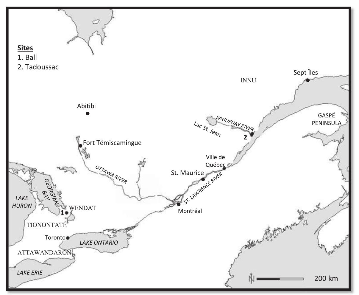 A map of eastern canada showing places and landmarks, as