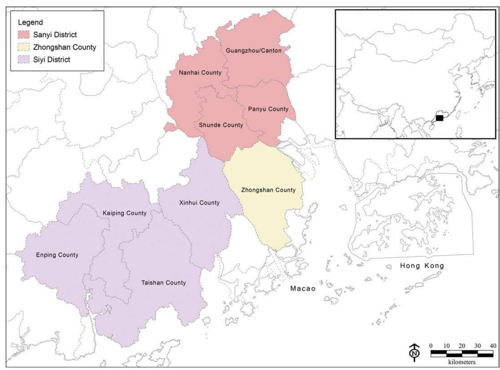 Map of the guangzhou region showing siyi (four counties