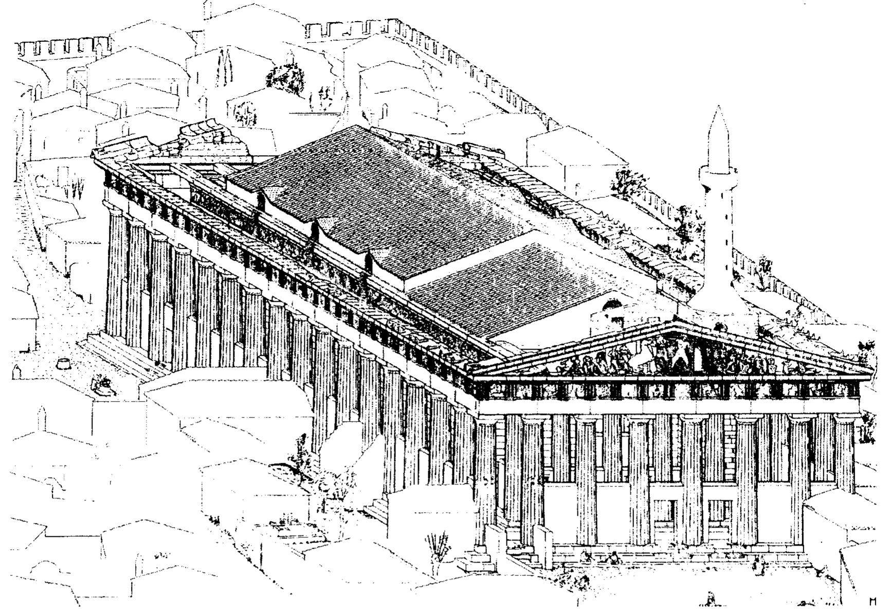 Line drawing of reconstruction of the parthenon in the 17