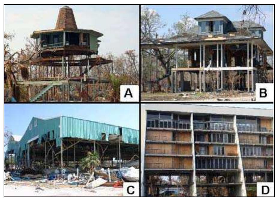 Examples of storm surge damage to buildings in: a) waveland,
