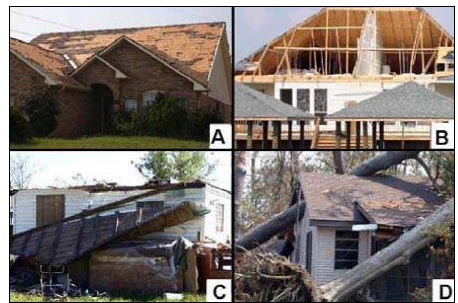 Examples of wind damage to wood- framed residences from