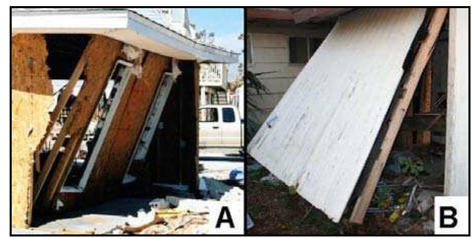 Surge damage to walls: a) base of wall pushed inward on