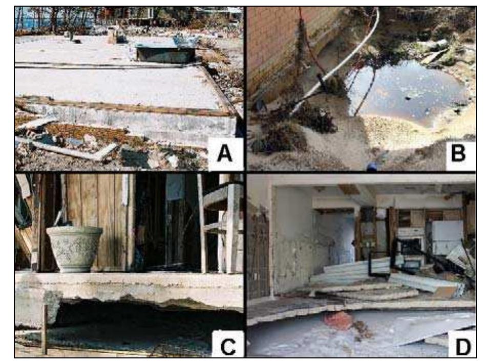 Examples of storm surge damage to buildings on concrete slab