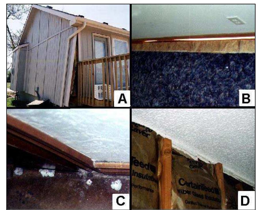 Examples of wall failures due to wind: a) base of wall