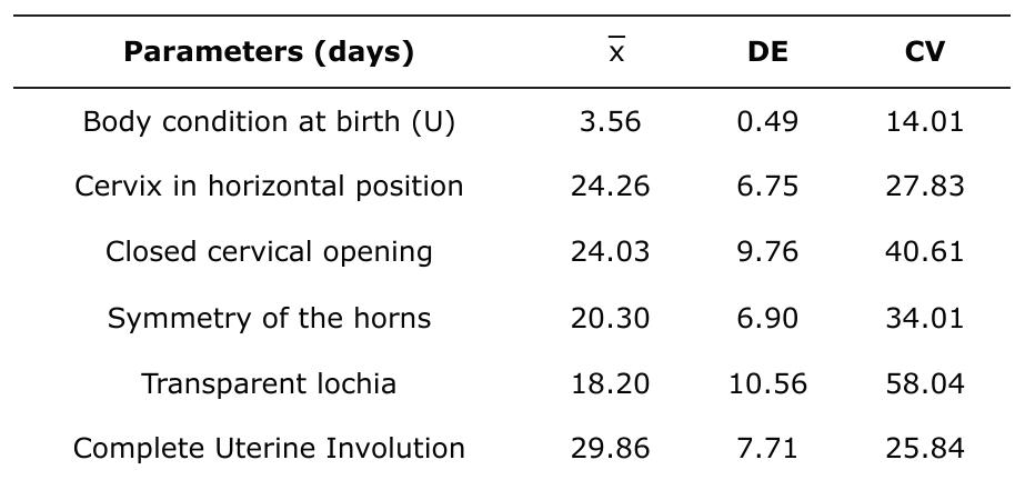Main indicators of clinical uterine involution in holstein