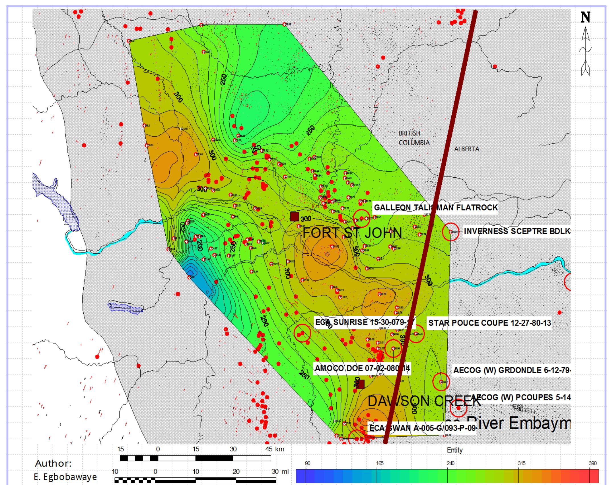 Isopach map of the montney formation showing the trends of