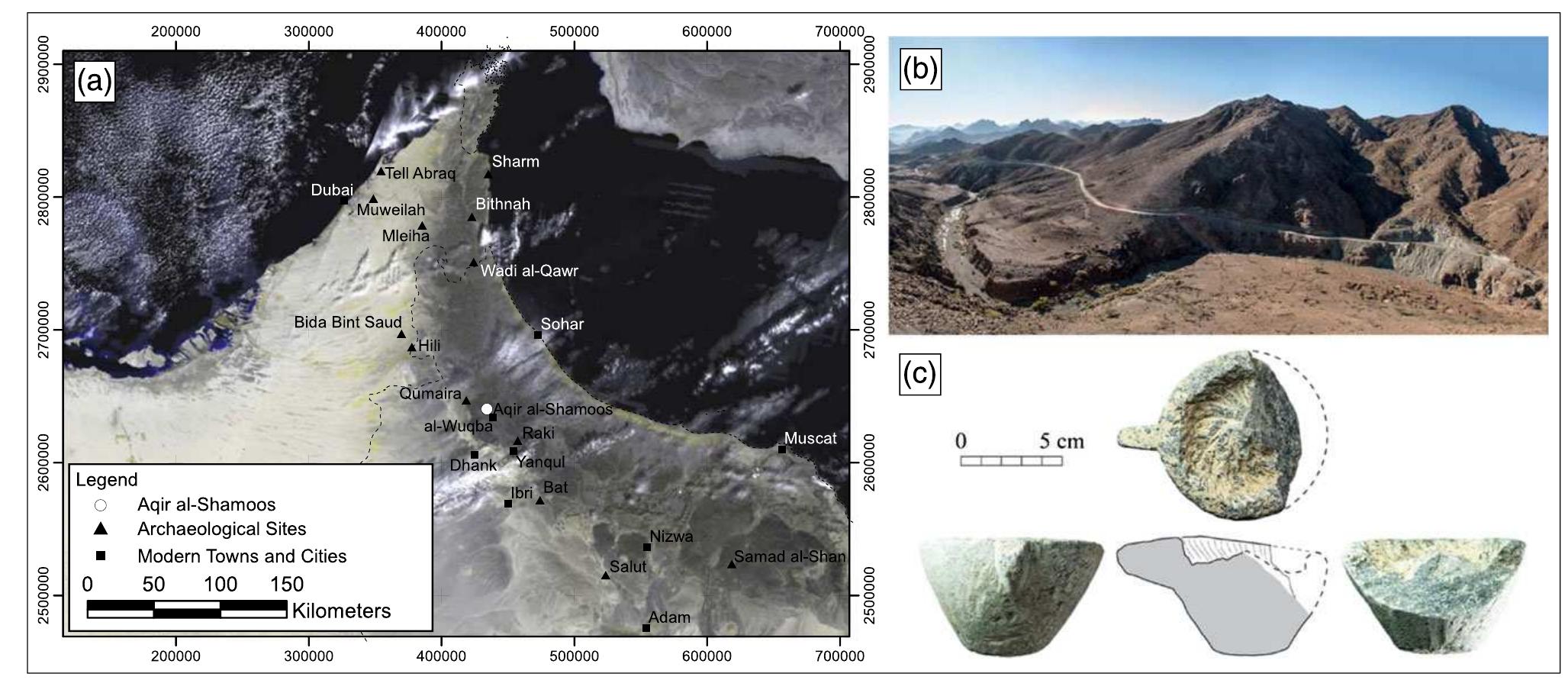 (a) location of aqir al-shamoos in southeast arabia shown on