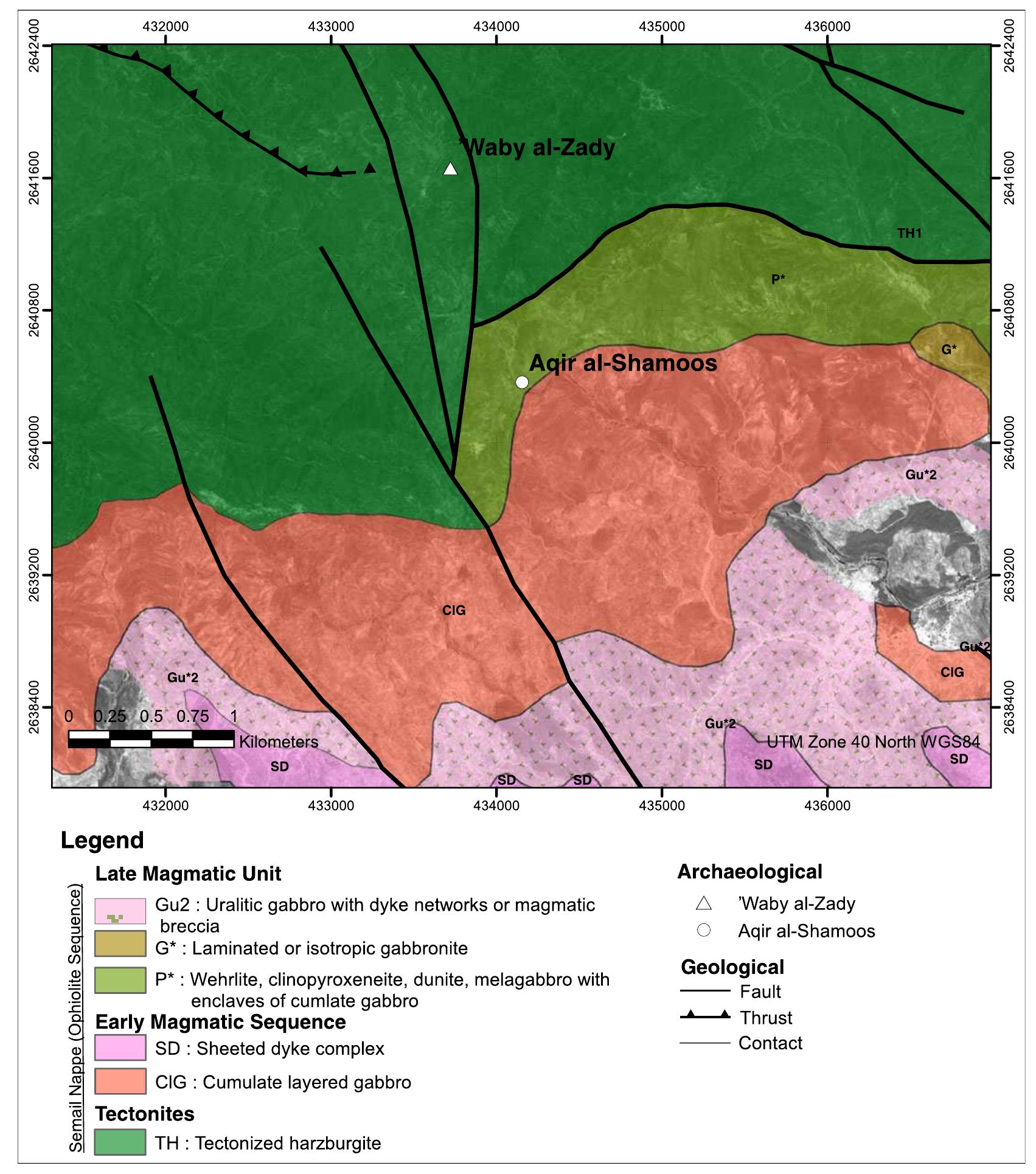 Map of bedrock geology around aqir al-shamoos digitized from