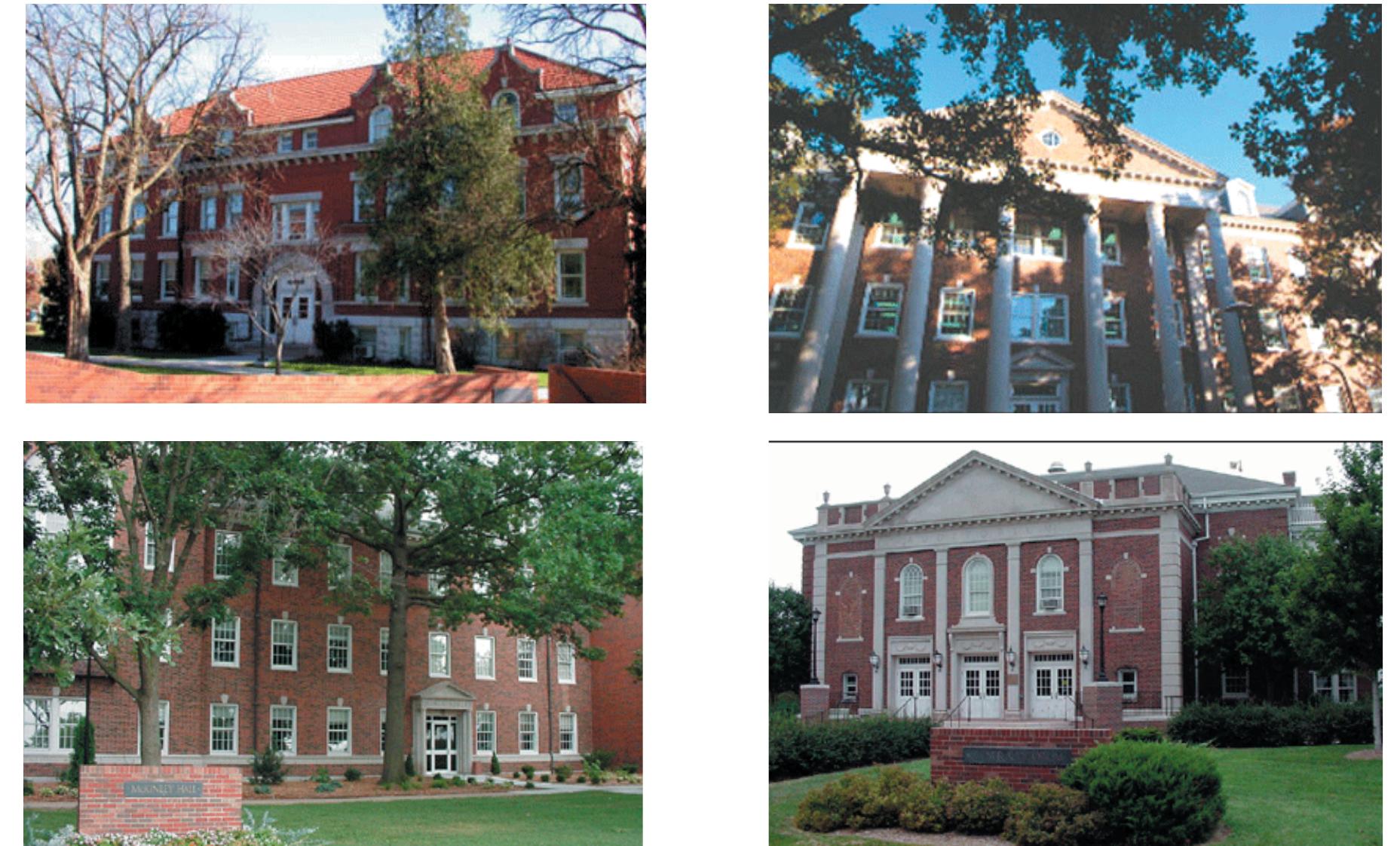 Historic campus buildings. top row, left to right: fiske
