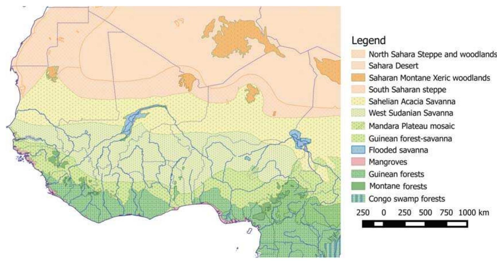 Map of modern potential vegetation zones of western africa.