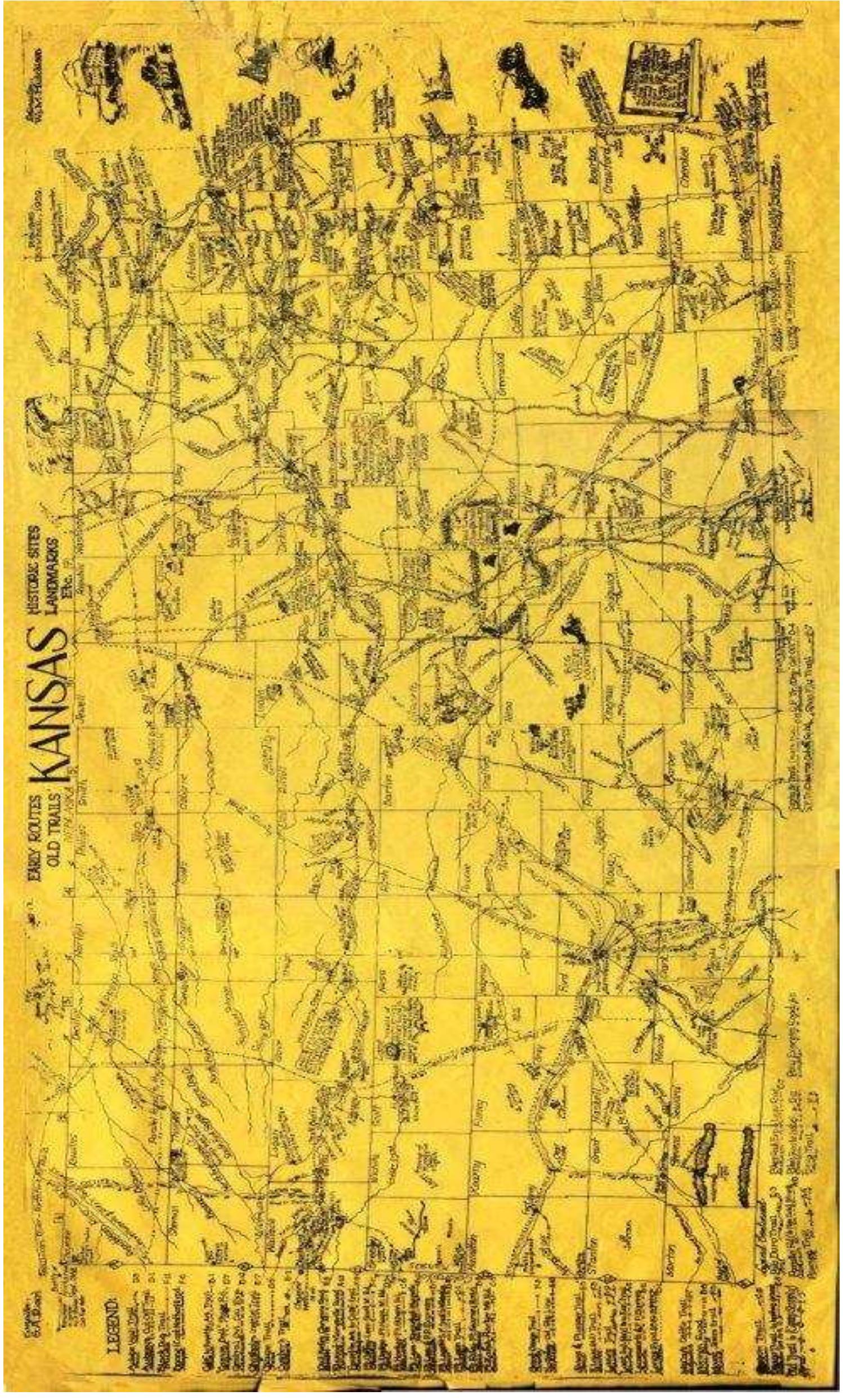 Map of kansas featuring towns, forts, trails, and landmarks.