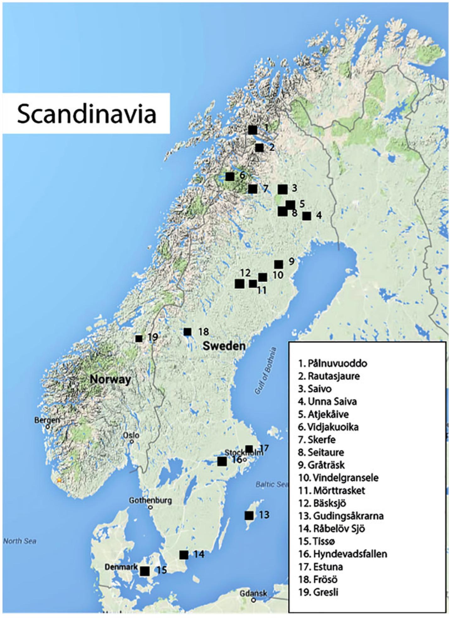 Map of scandinavia with the location of the 19 sites