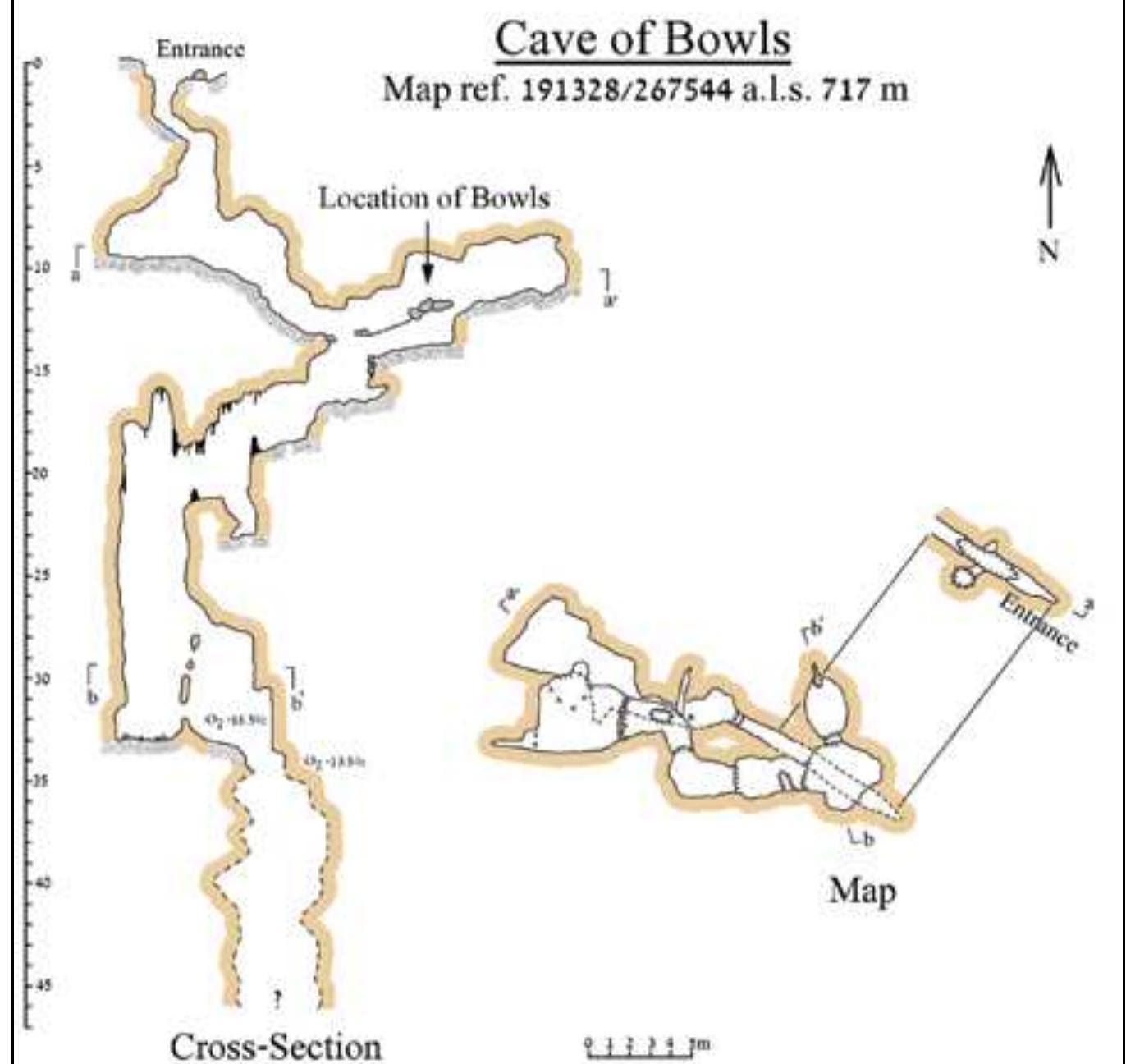 Map of the cave of bowls (drawing: b. langford & l. platsak)