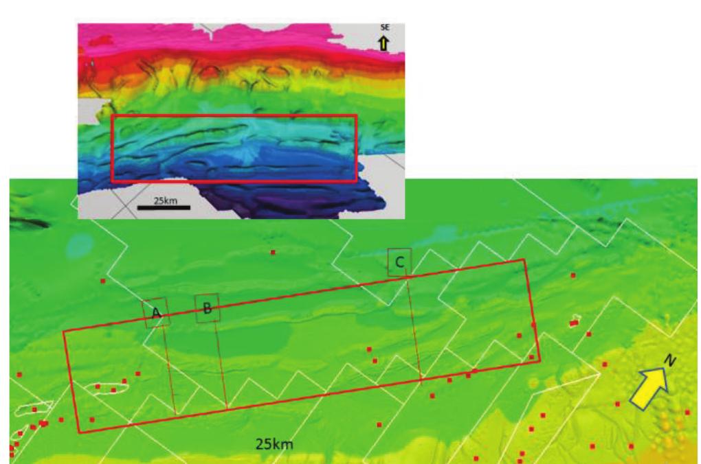 Bathymetric maps (top inset) 3d and (bottom) in 2d map. red