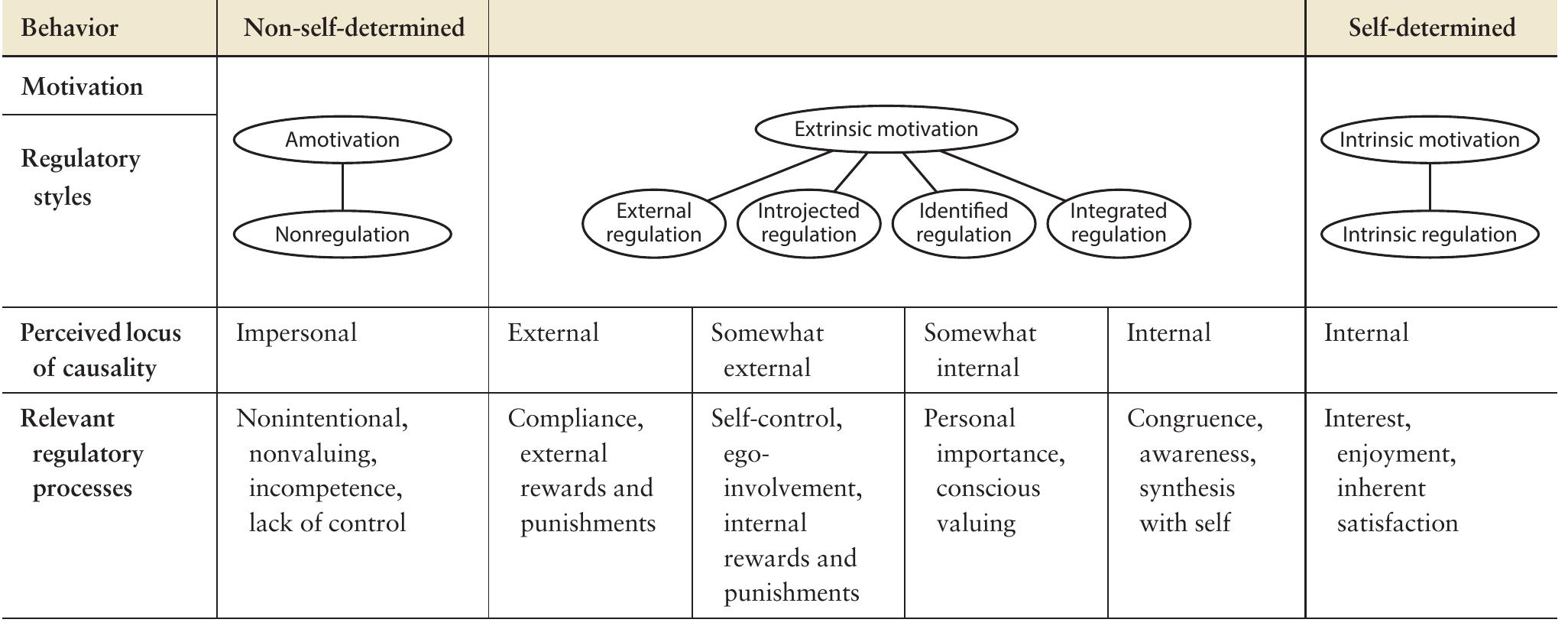 Types of motivation and their degree of self-determination