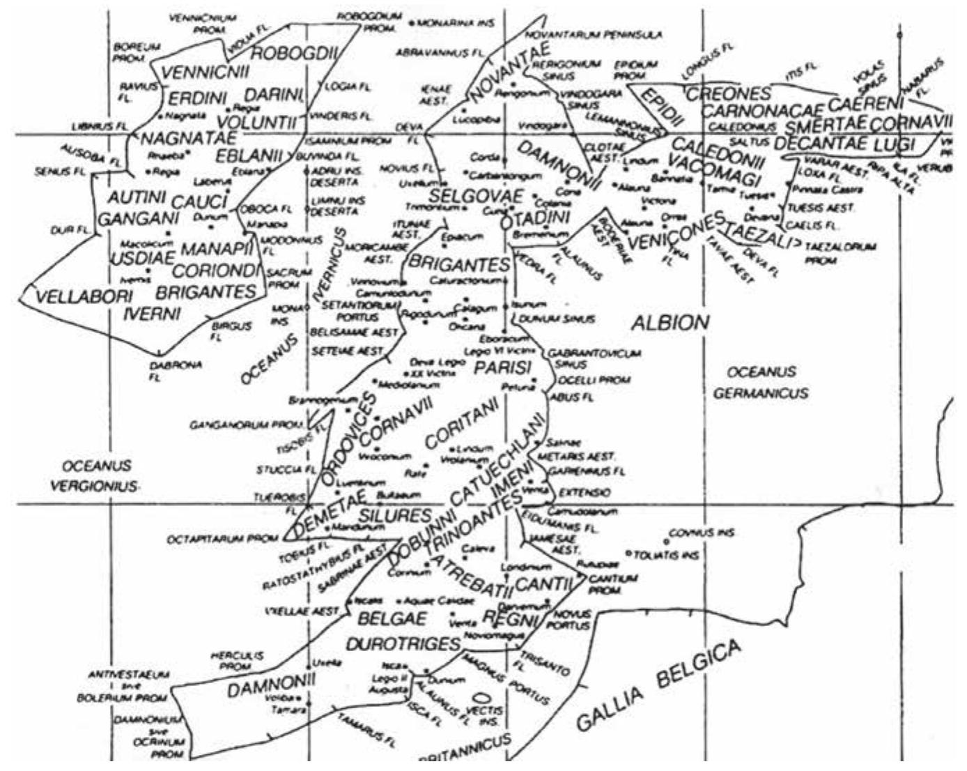 , ptolemy’s map of britannia showing the belgae and