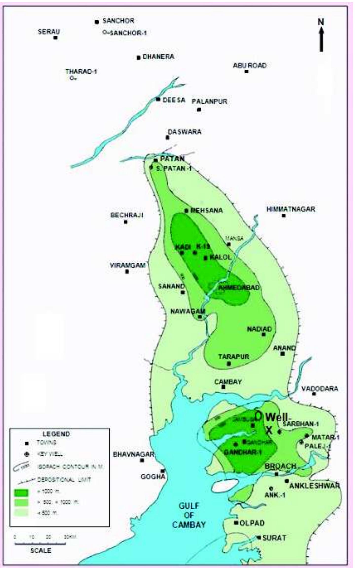Isopach map of cambay shale. more than 1000m of cambay shale