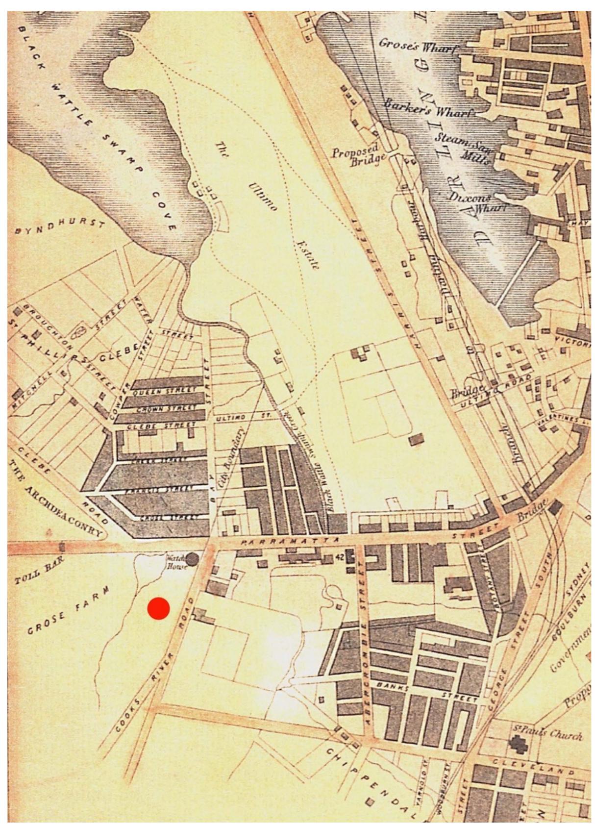 4 1855 map of sydney showing grose farm, blackwattle bay and