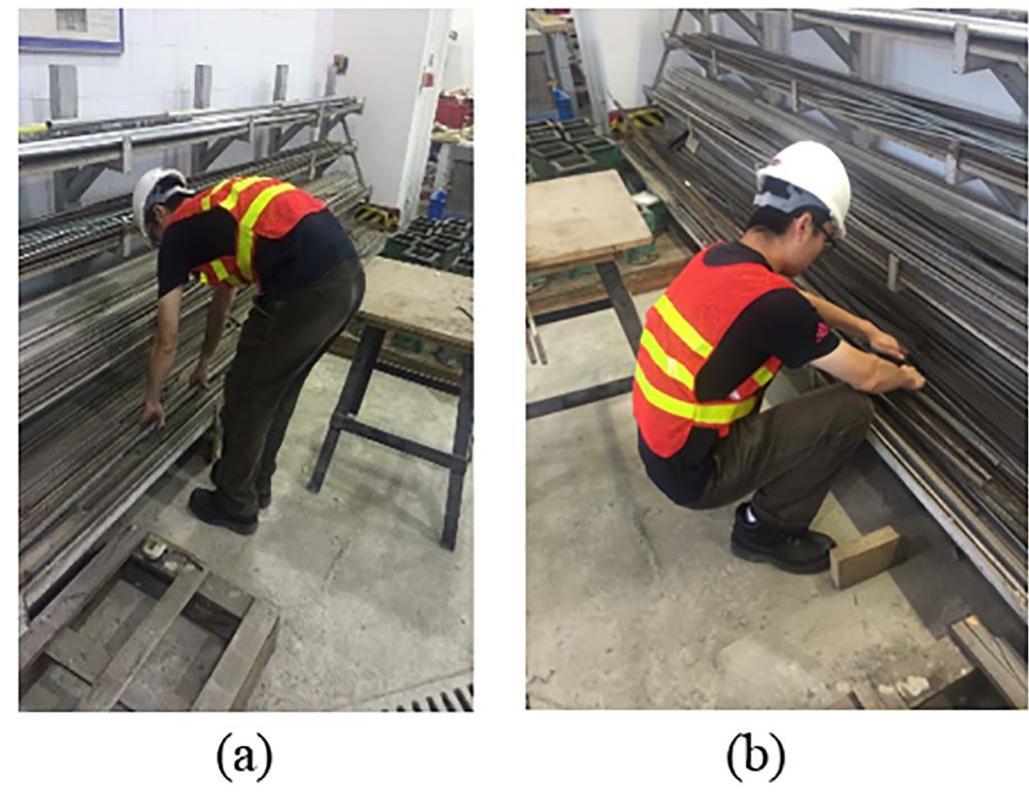 Two lifting postures: (a) stoop posture; and (b) squat