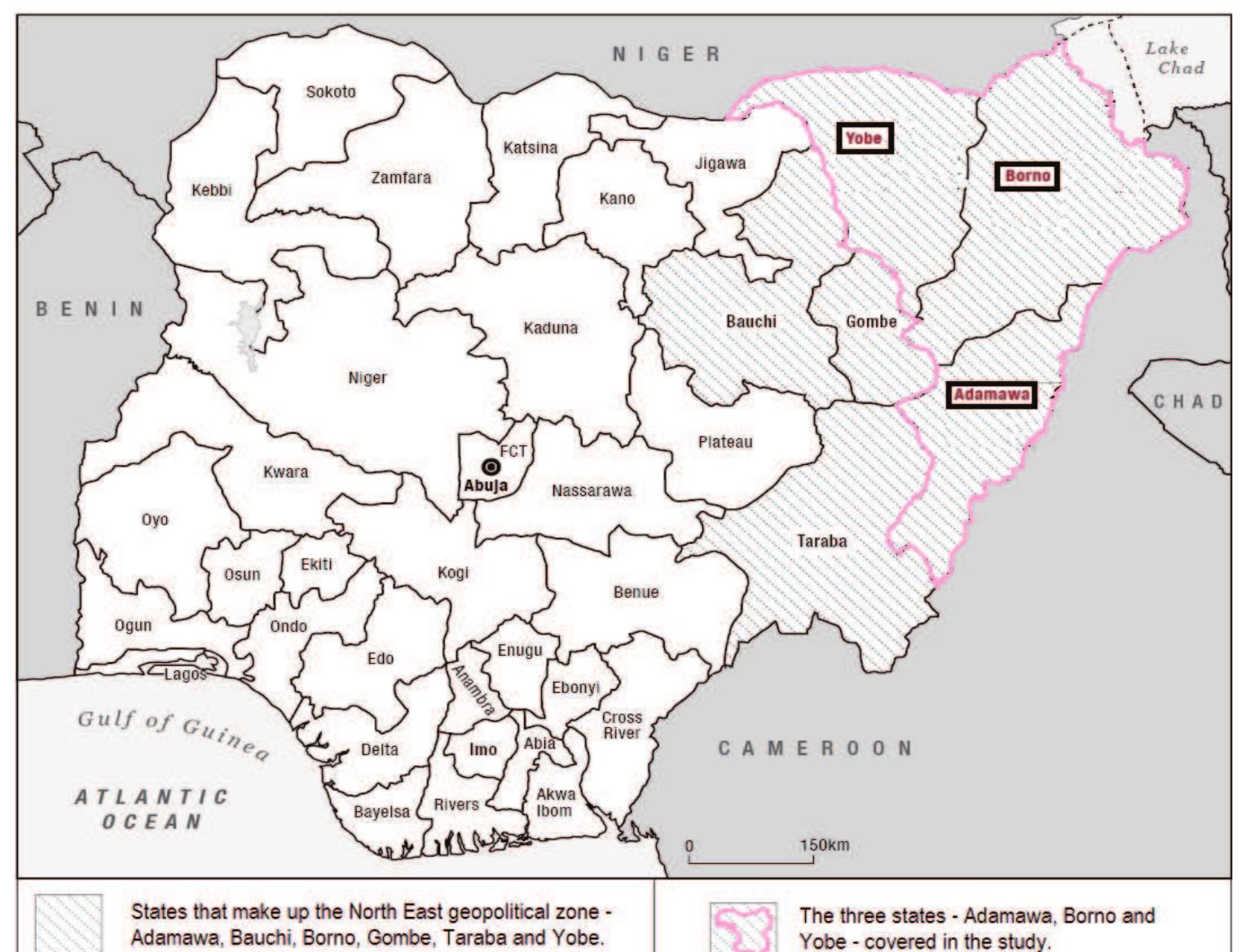 Map of nigeria highlighting the north-east zone and the thre
