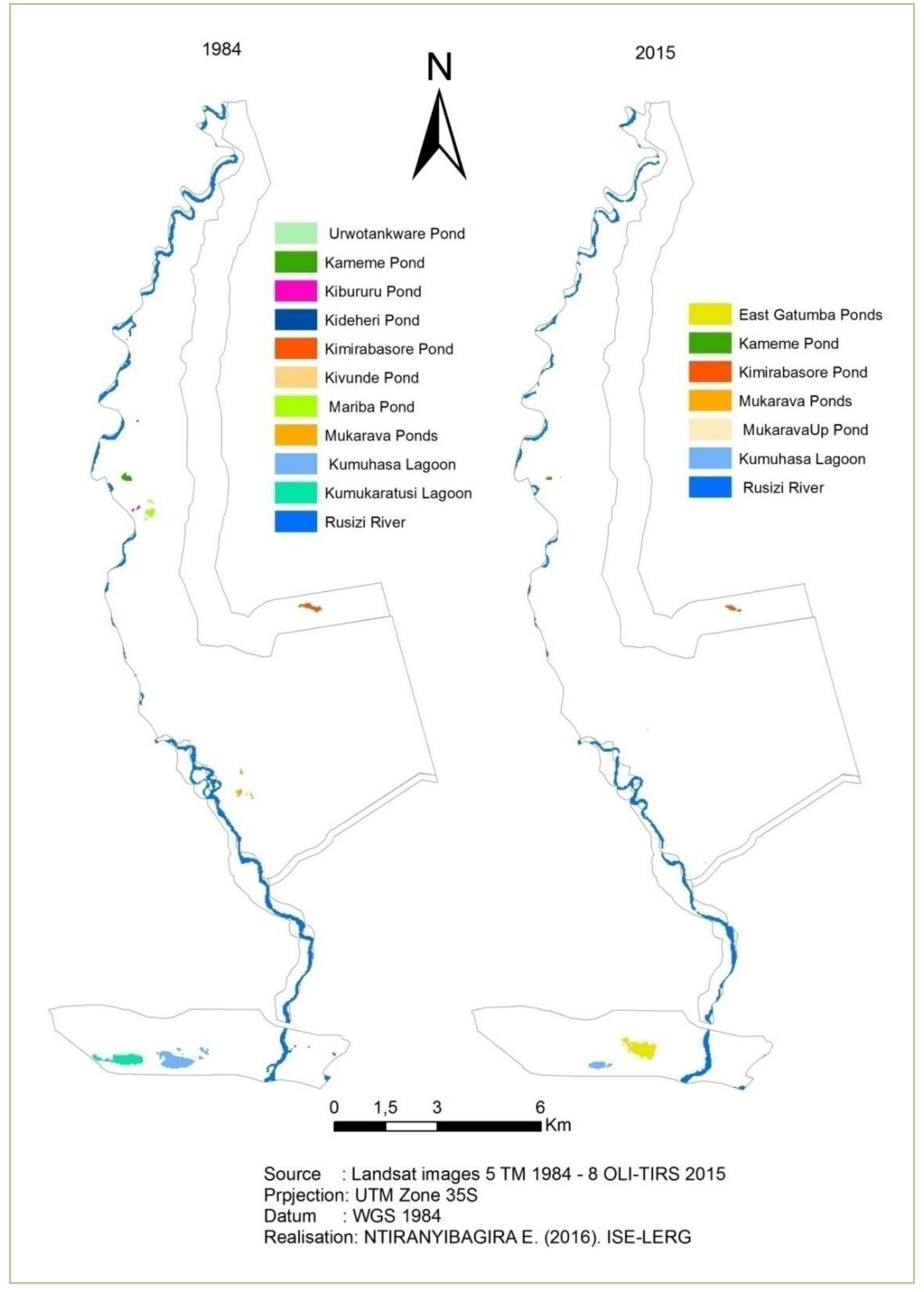A. compared evolution of water bodies between 1984 and 2015