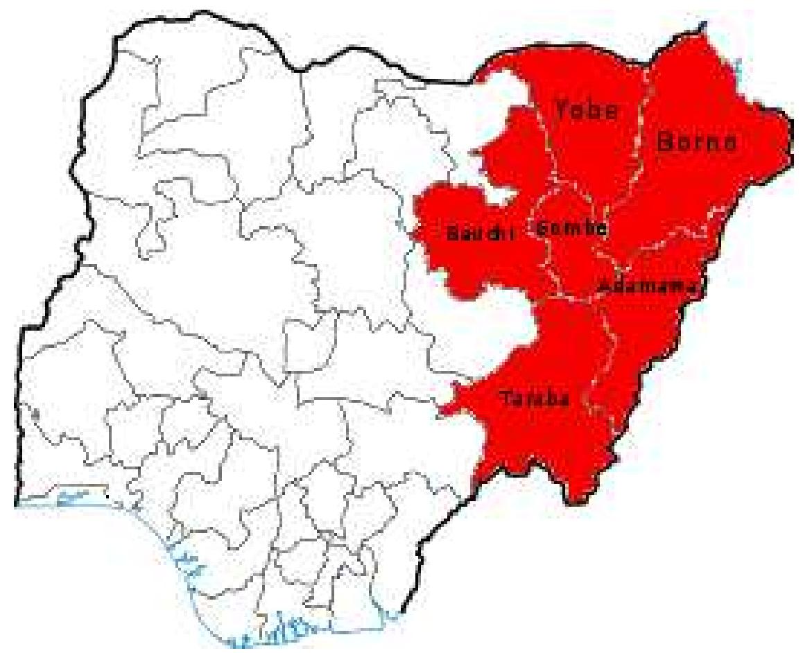 Map of nigeria showing the northeast geopolitical zone