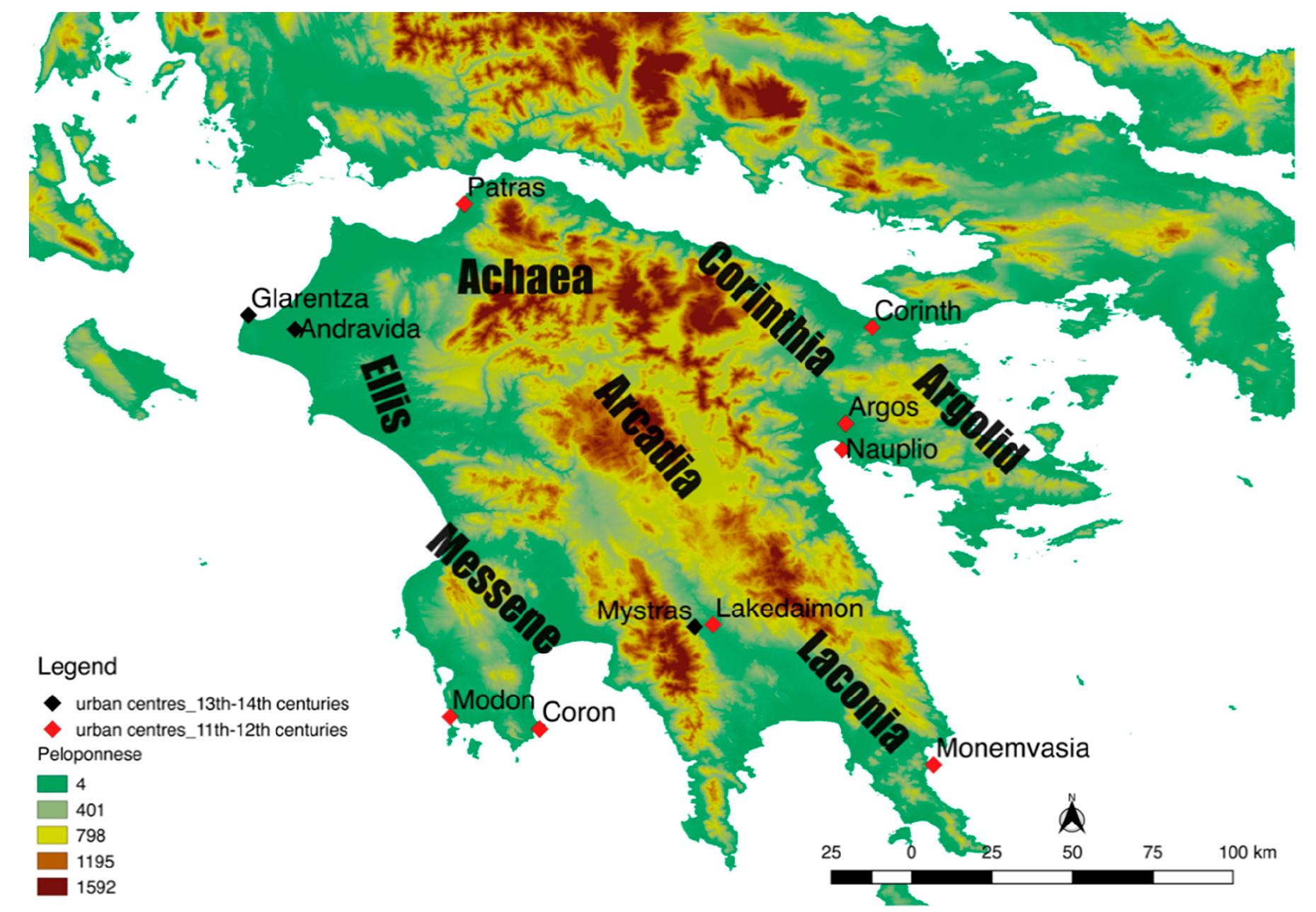 Map of the peloponnese with its districts and medieval urban