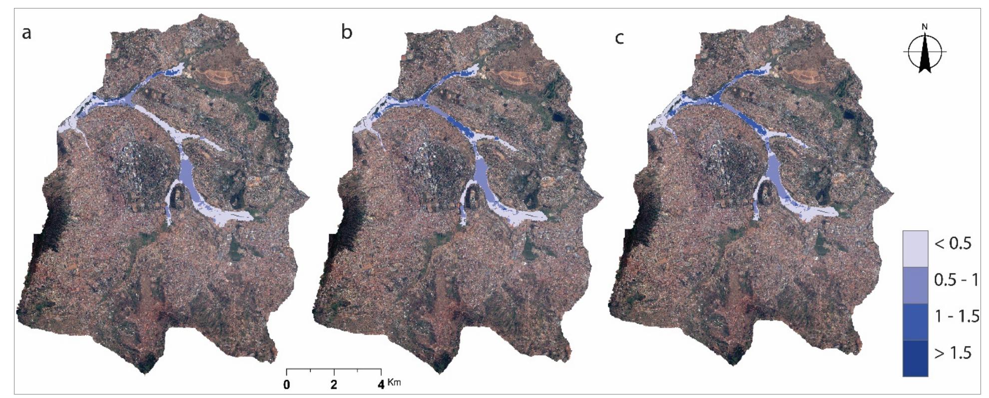 -1: simulated flood depth maps for the three scenarios -1: simulated flood depth maps for the three scenarios