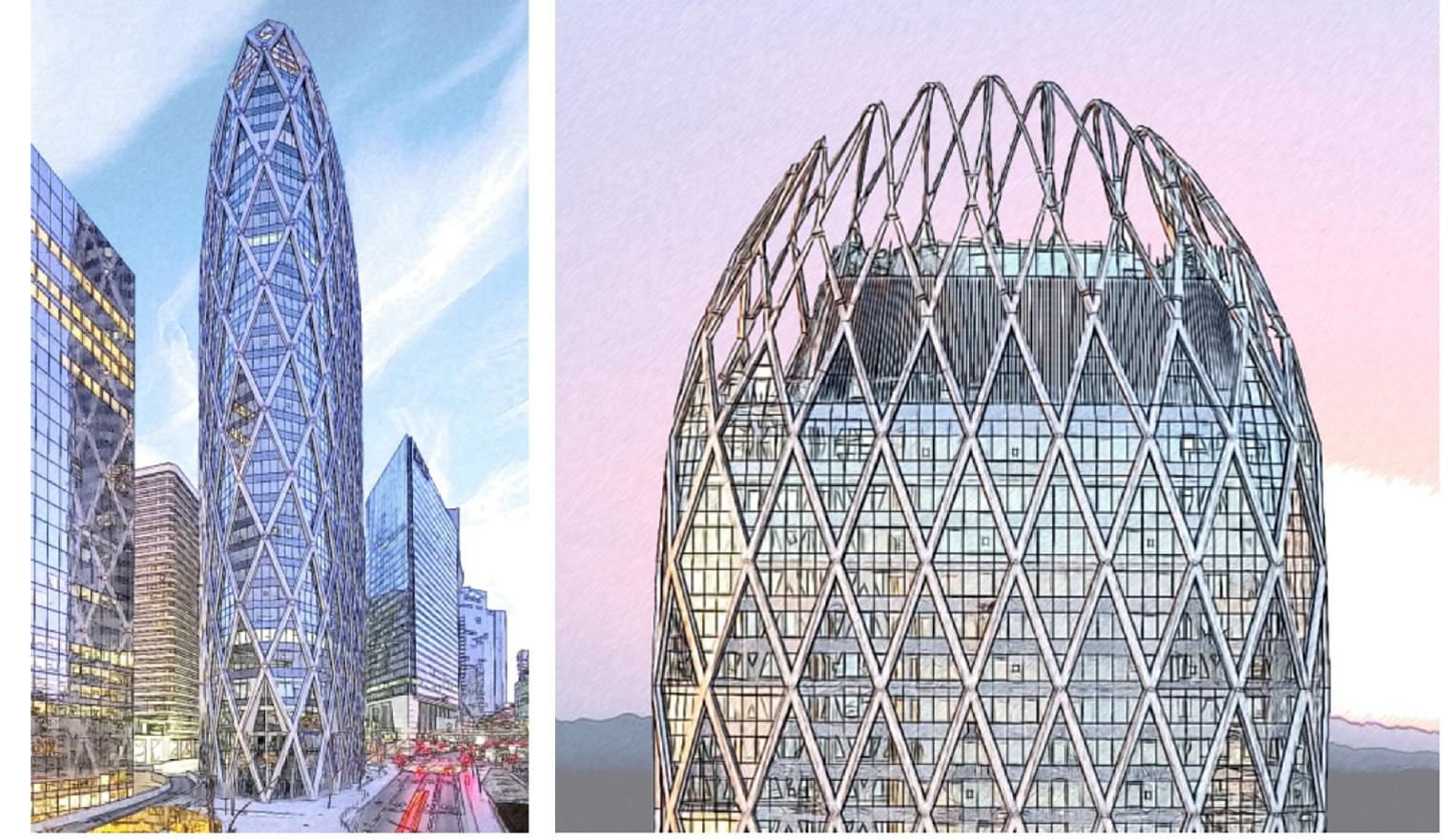 D2 tower, sideview (left), front and top (right). (sketch by