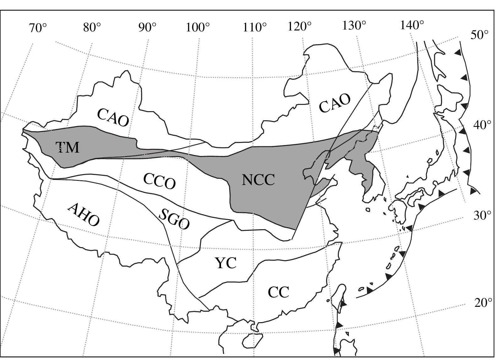 Simplified map of asia showing the major tectonic elements.