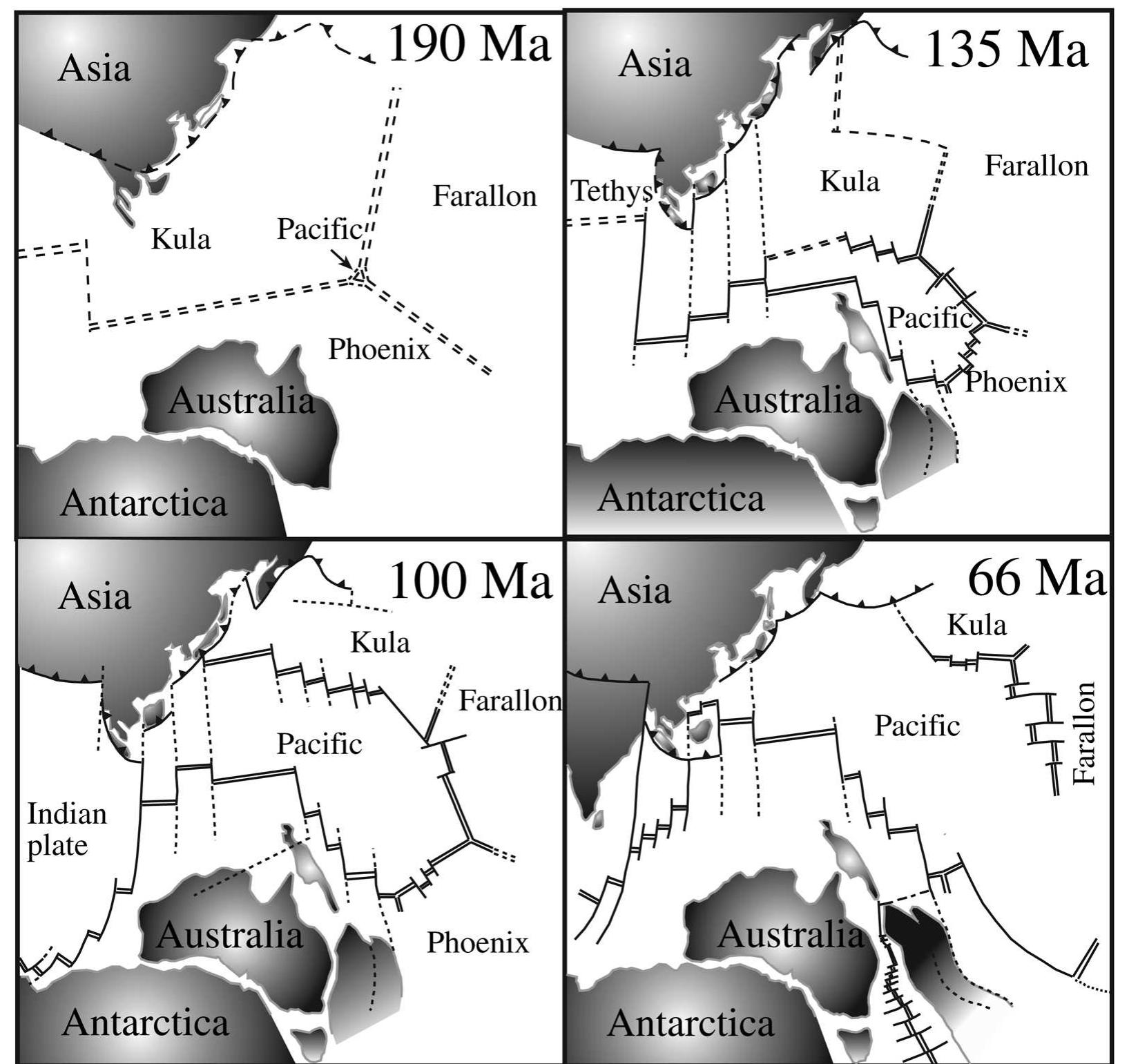 Palinspastic maps showing the possible plate interactions