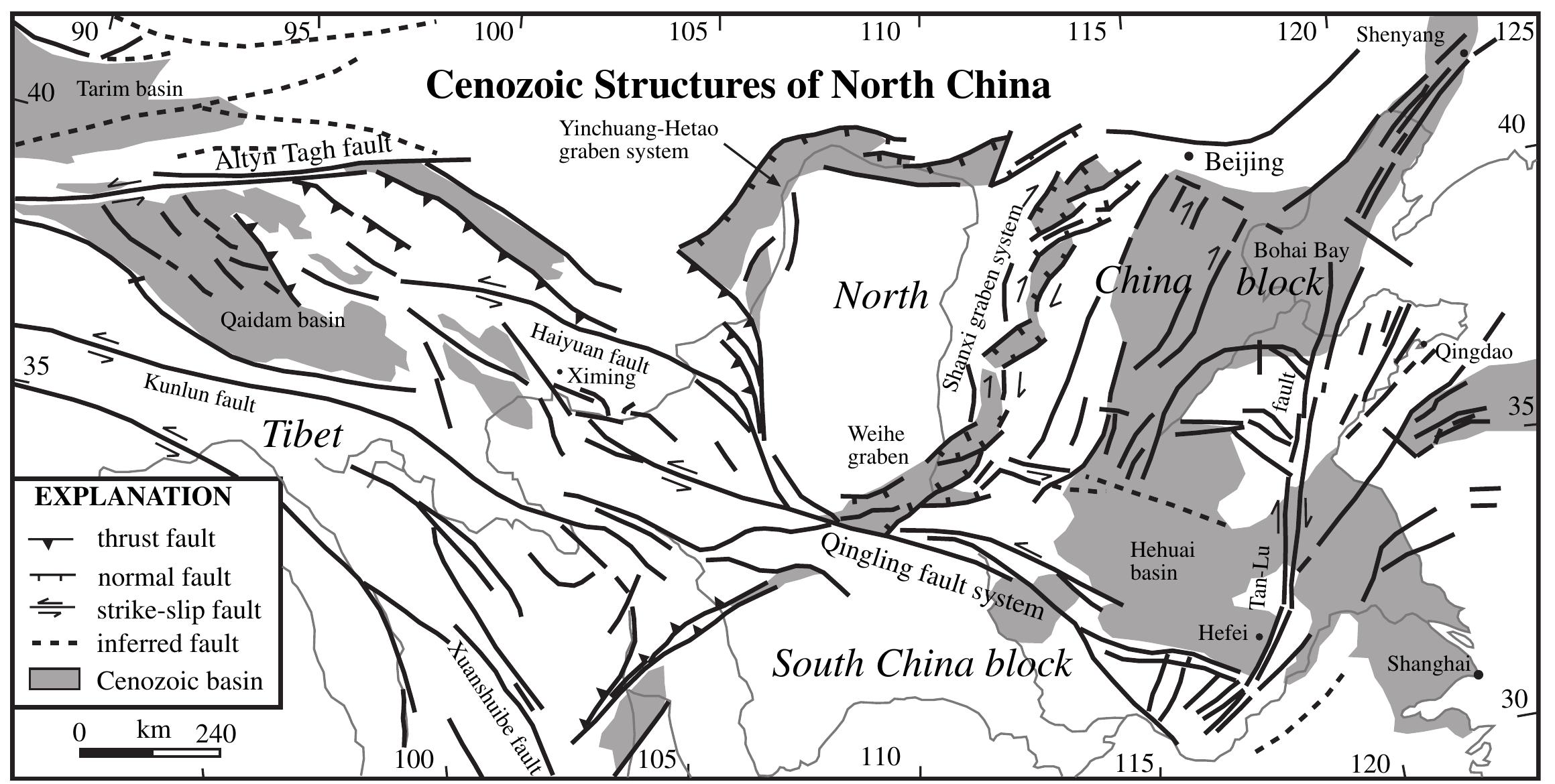 Map of northern china showing cenozoic-active structures and