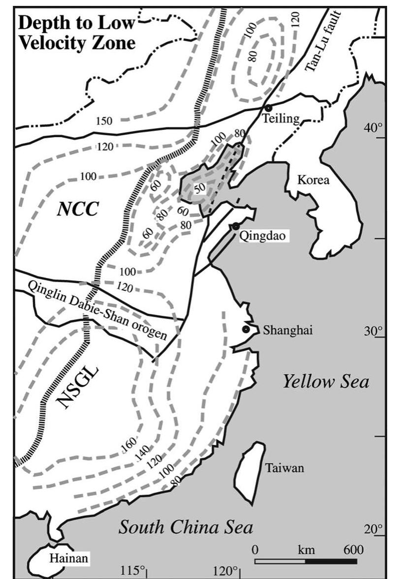 Map showing depth to the low-velocity zone (modified after