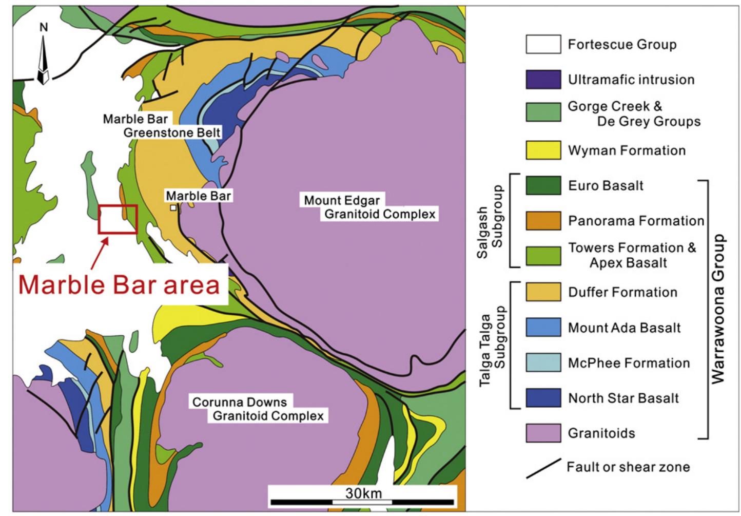 Geological map showing the position of the marble bar area,