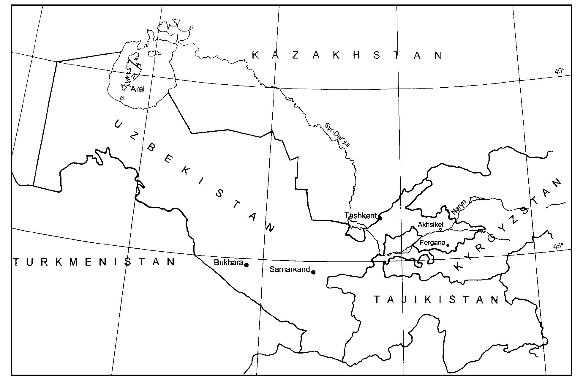 Map of uzbekistan. the ferghana basin is the easternmost