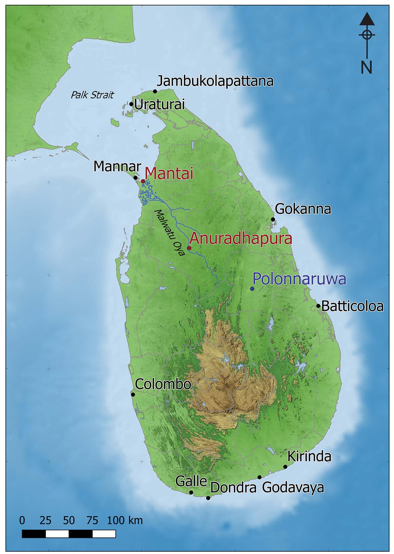 Map of early historic sri lanka showing key ports and