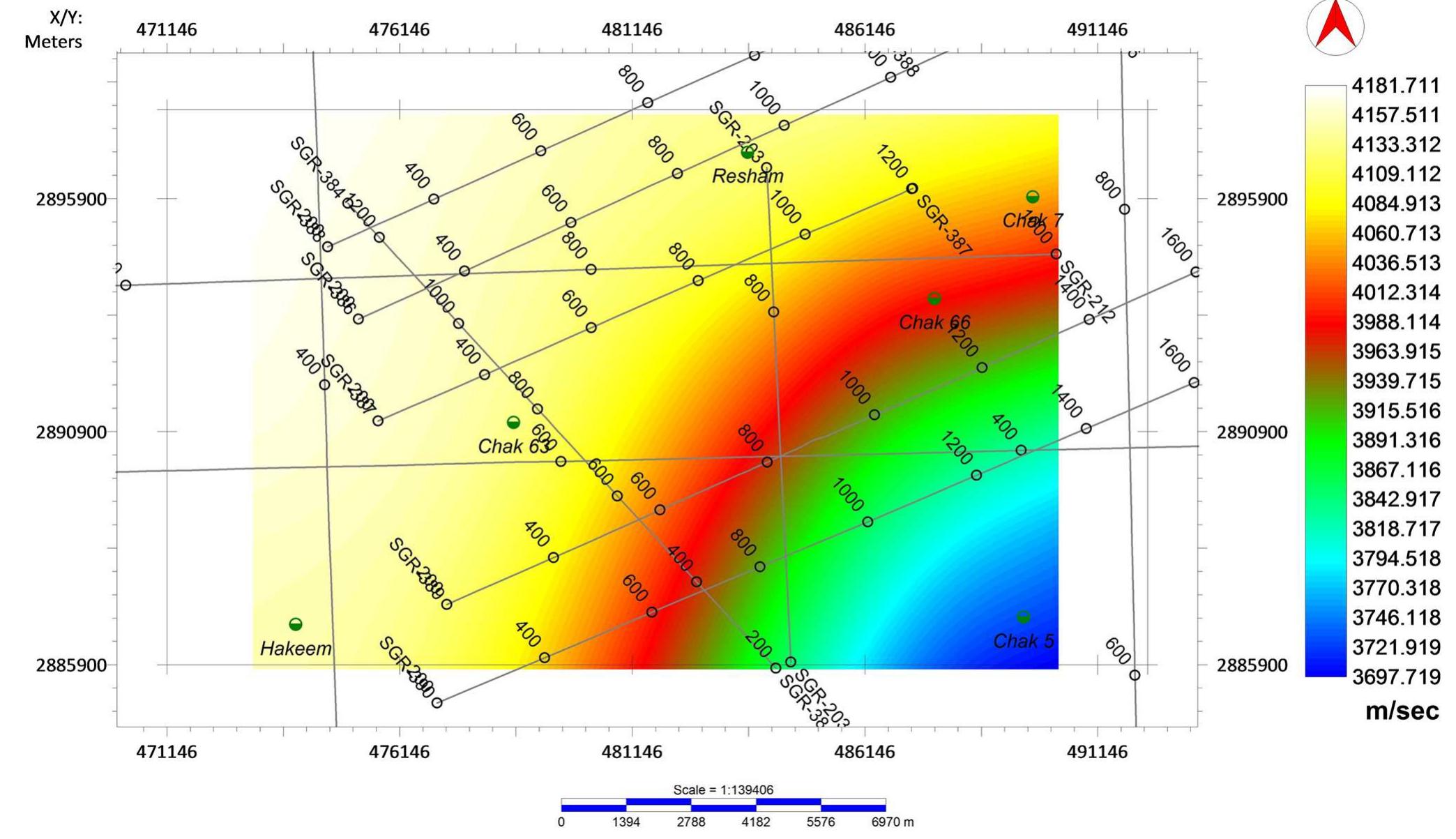 Spatial distribution map of the sonic log (dtp)-derived