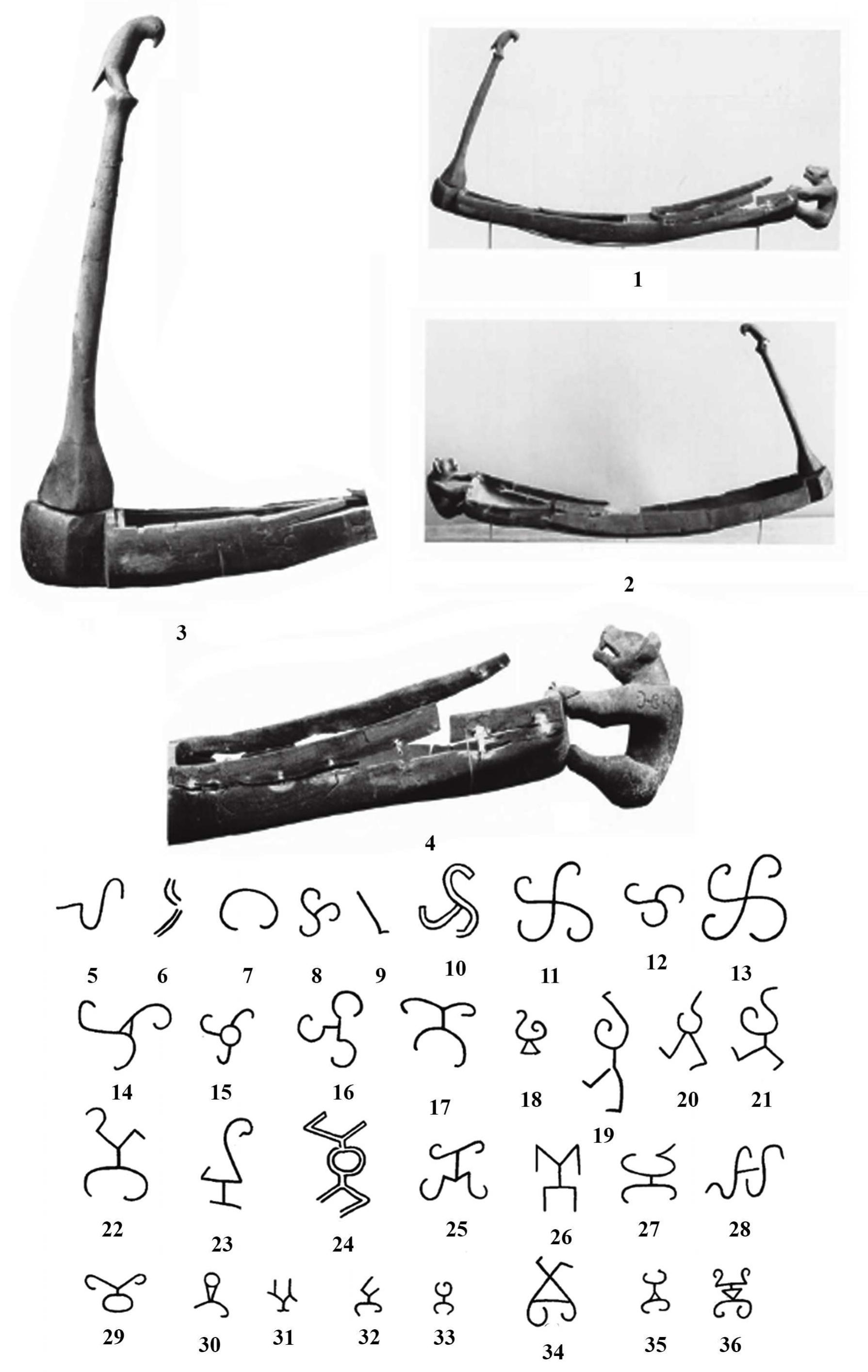 1-4. wooden harp in the grave at kozyrka; 5-36. tamgas on