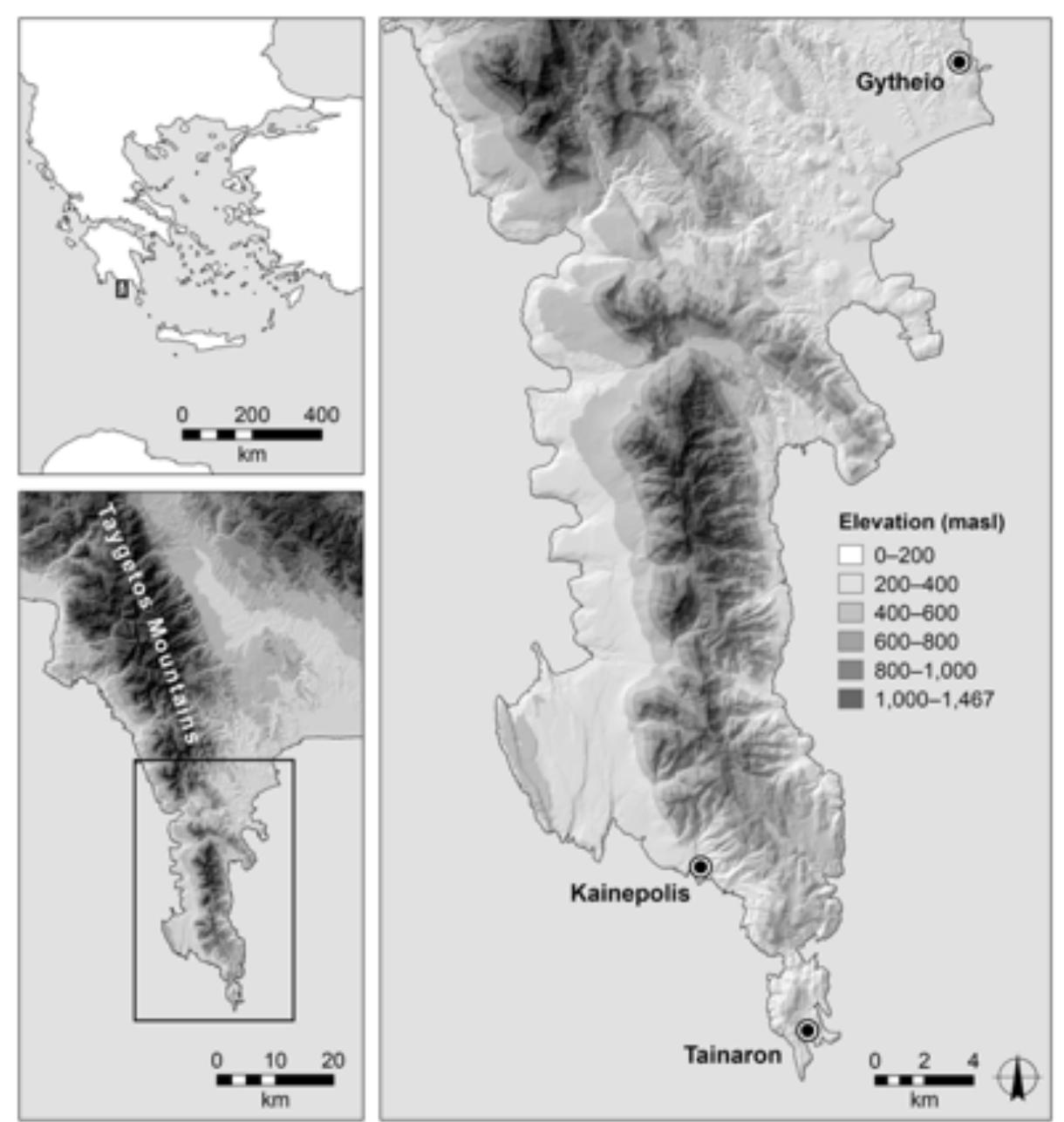 Maps of the southern mani peninsula showing the regional