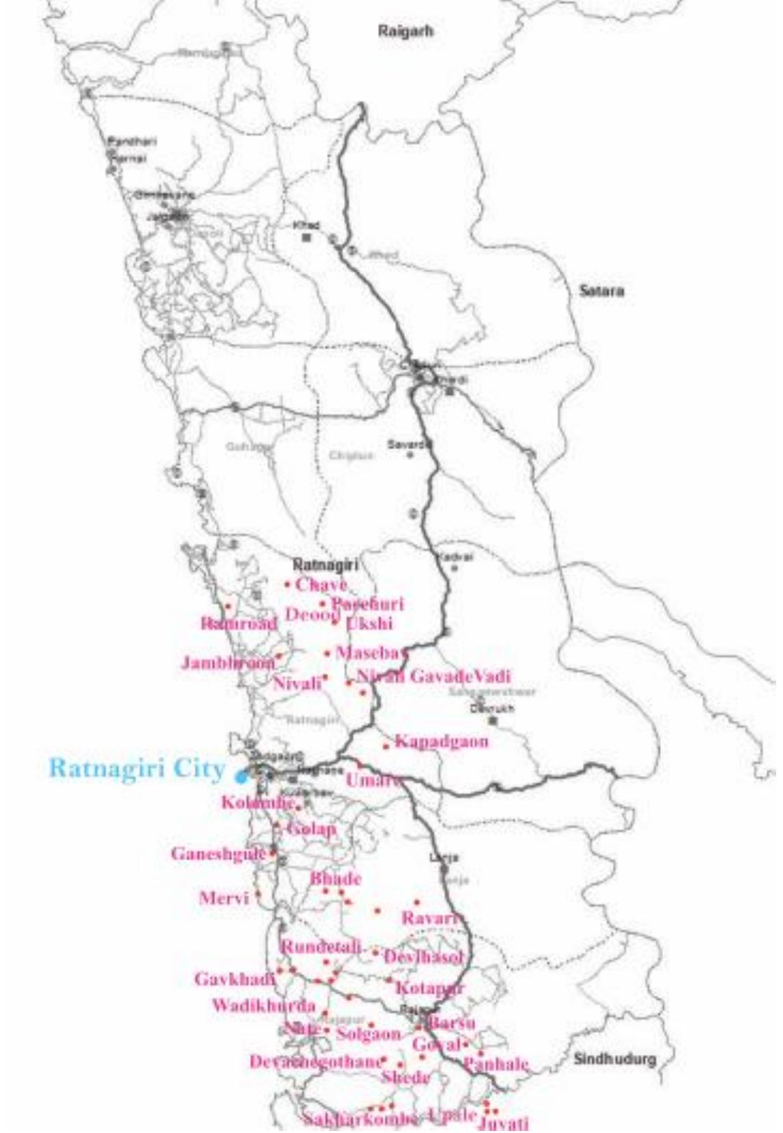 Map showing the petroglyph sites in ratnagiri district,