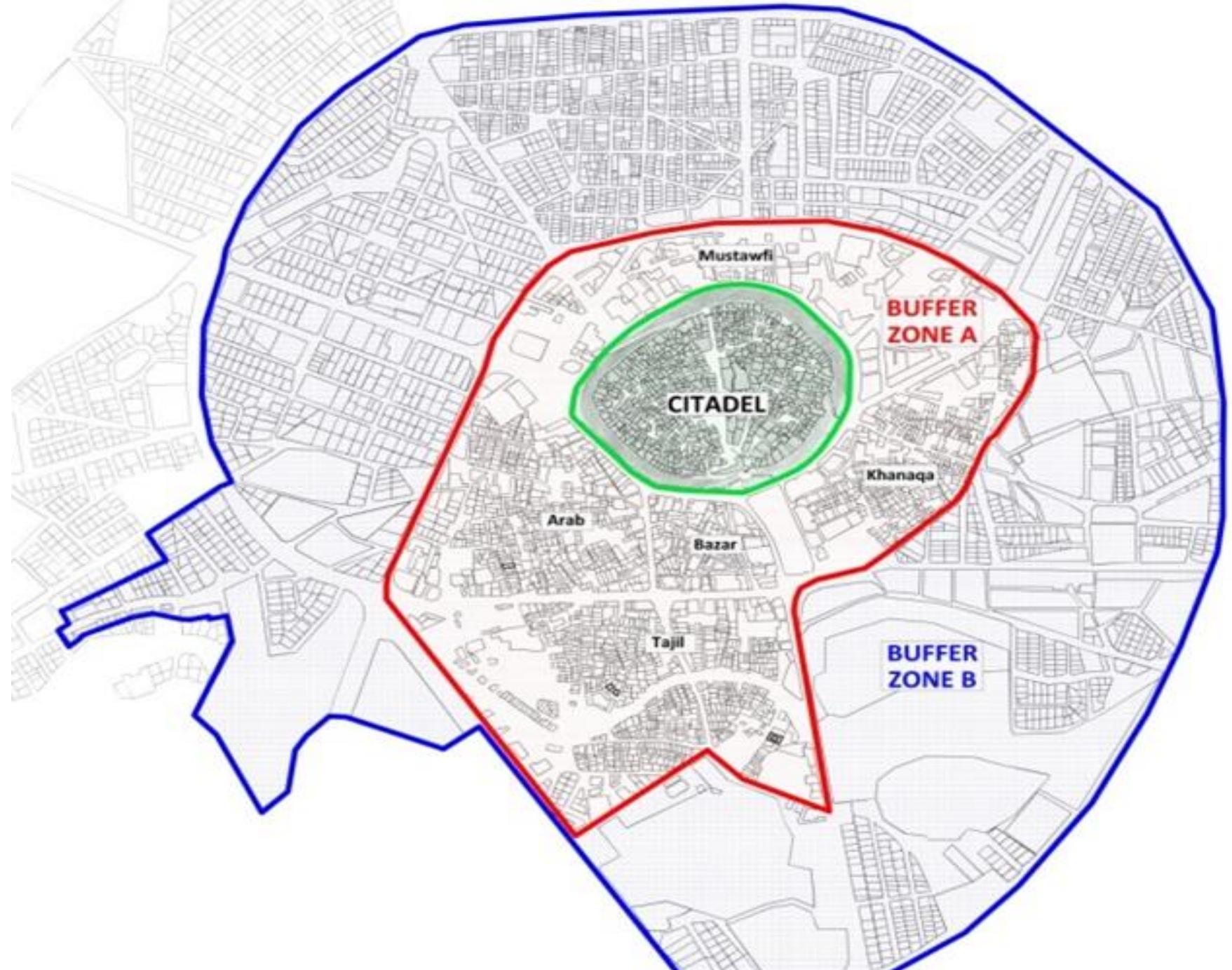 Boundaries of buffer zones a and b (from: erbil citadel