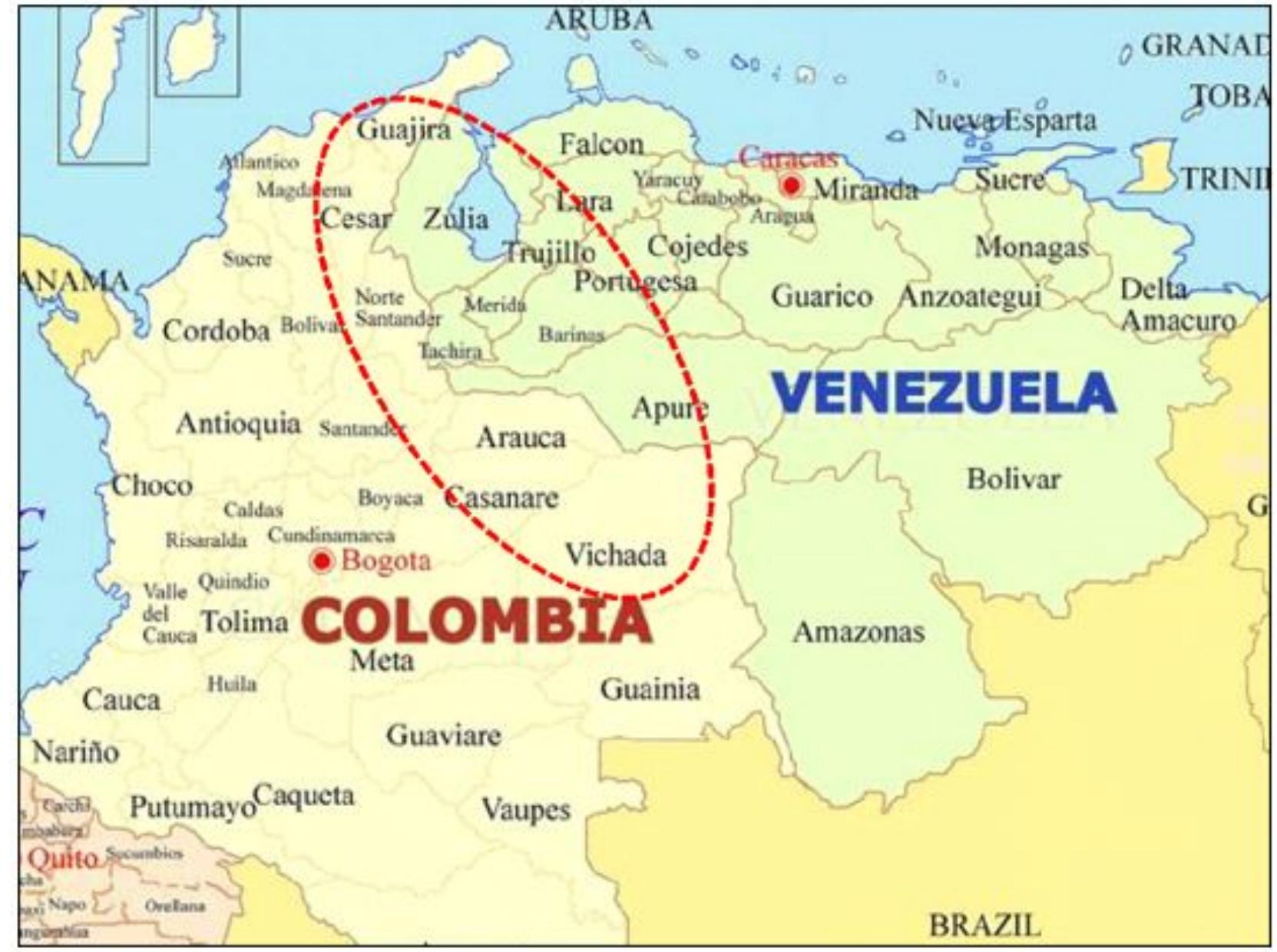 Political map of the border between colombia and venezuela