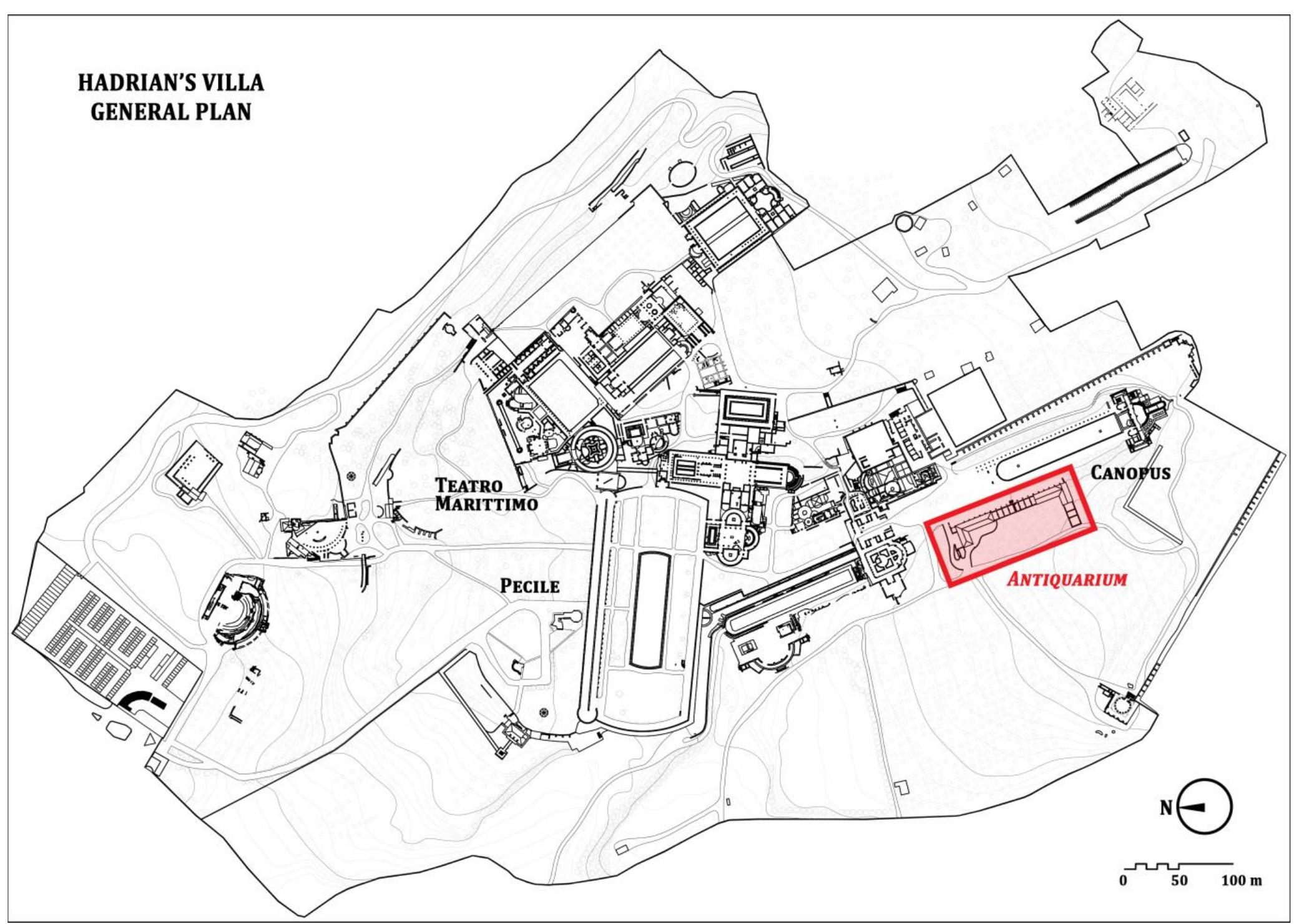 Plan of hadrian’s villa; highlighted in red the location of