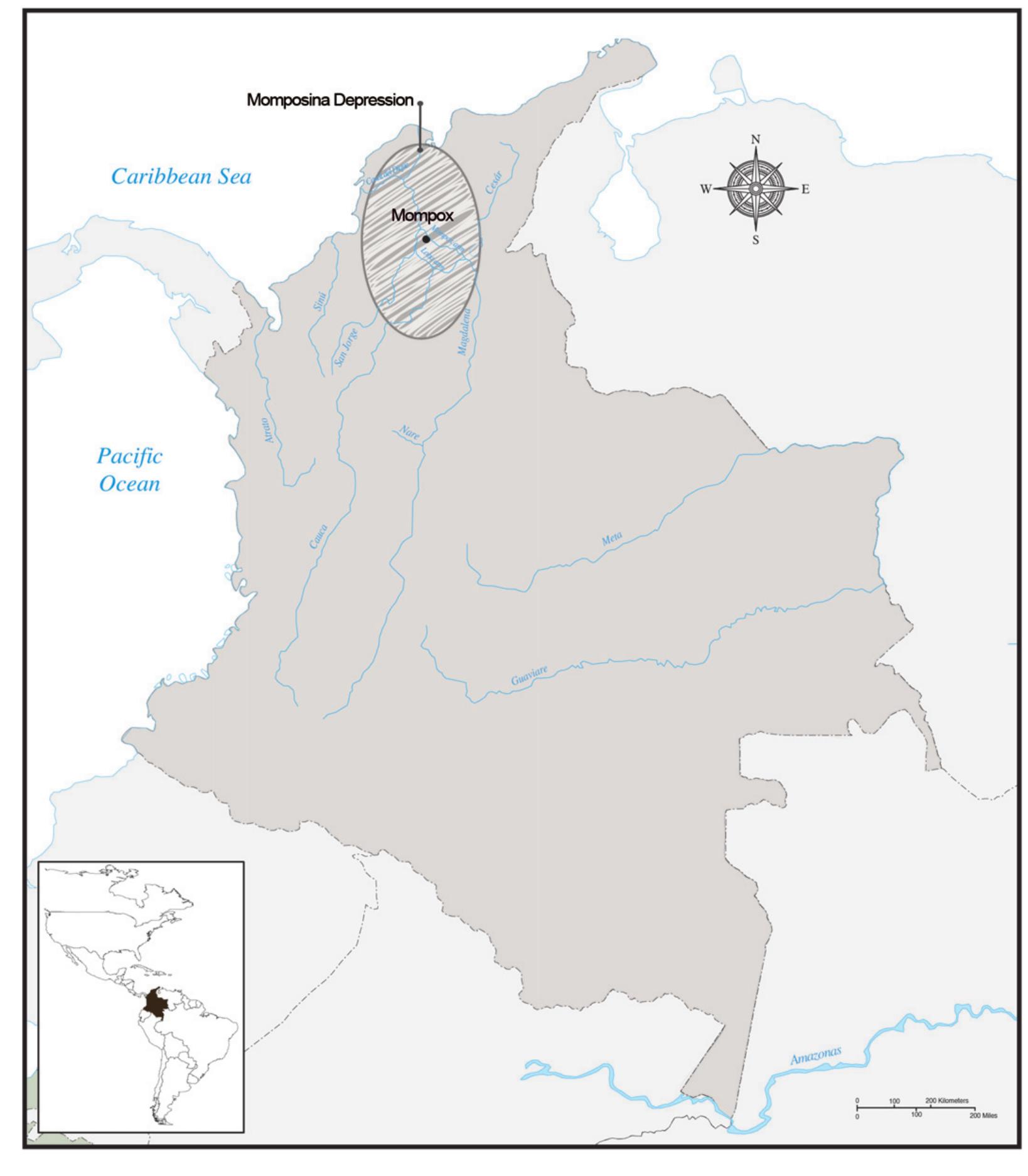 Physical map of colombia showing the location of mompox