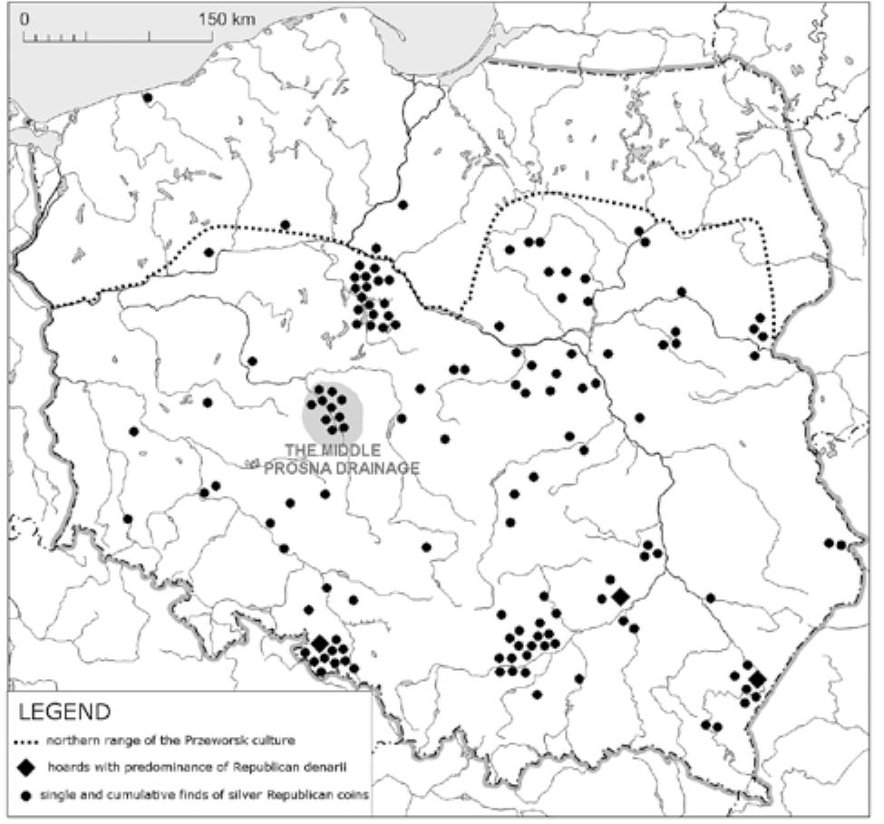 Map of roman republican silver coins discovered in poland. a
