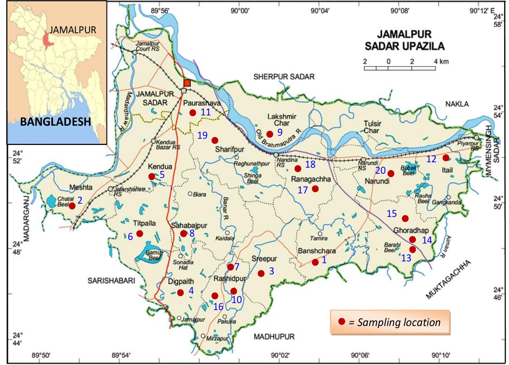 Map showing groundwater sampling locations of sadar upazlia