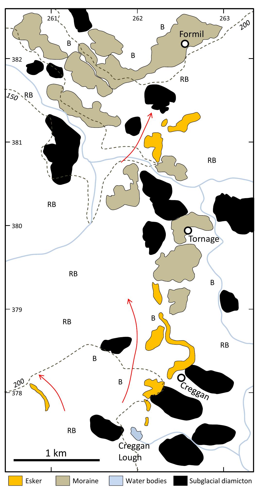 Geomorphic map of landforms associated with esker system 1
