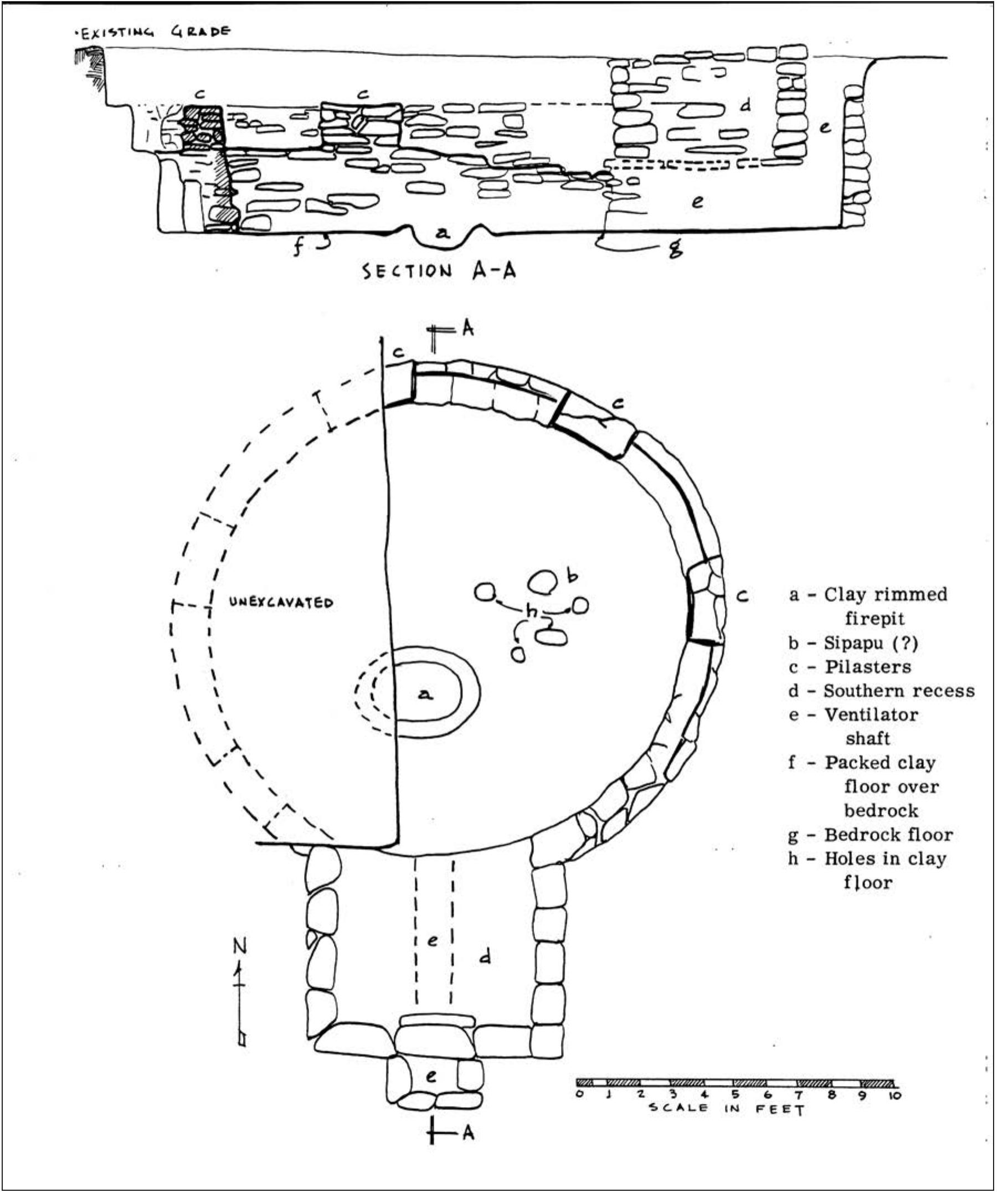 7 ground plan and profile of large kiva at ridge site