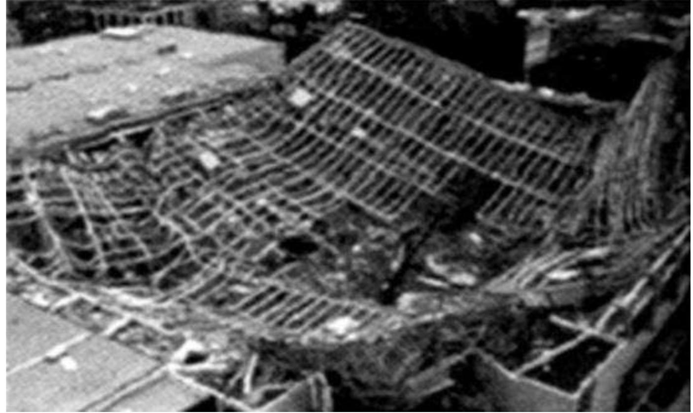 Shows a view of the structure of the roof collapse due to